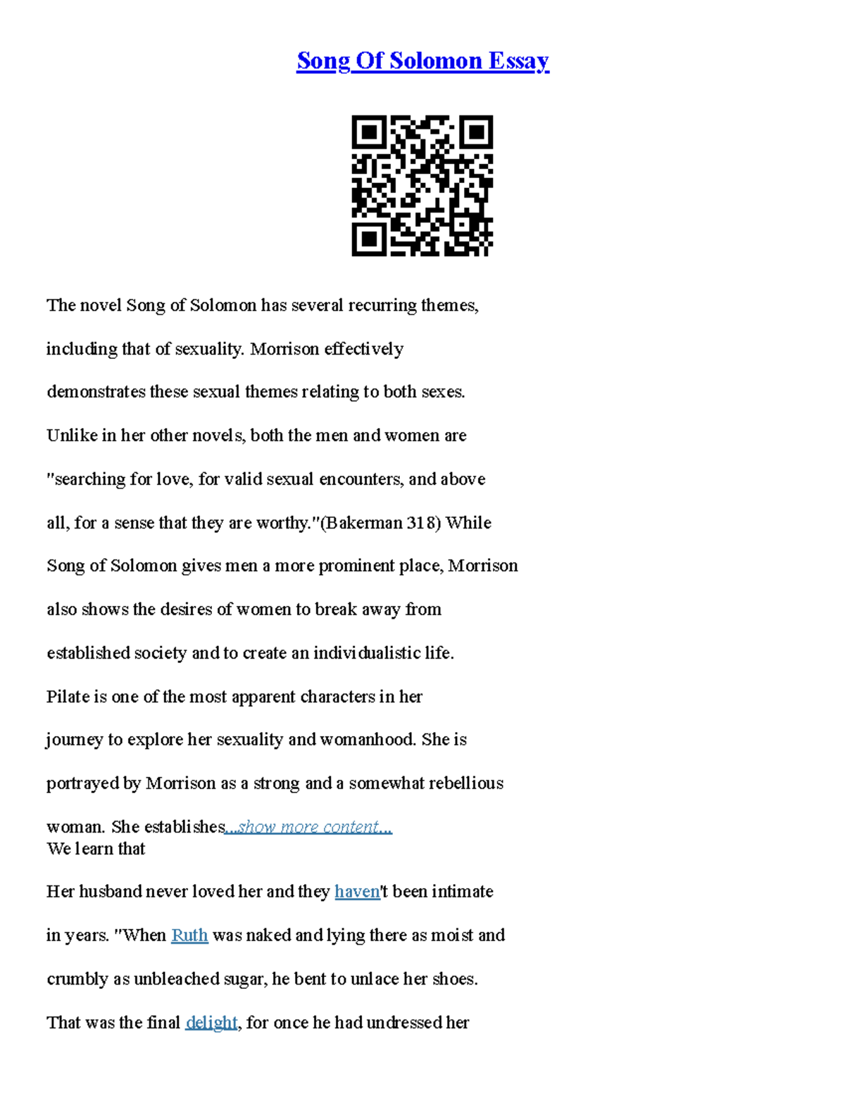 Song Of Solomon Essay - Morrison effectively demonstrates these sexual ...