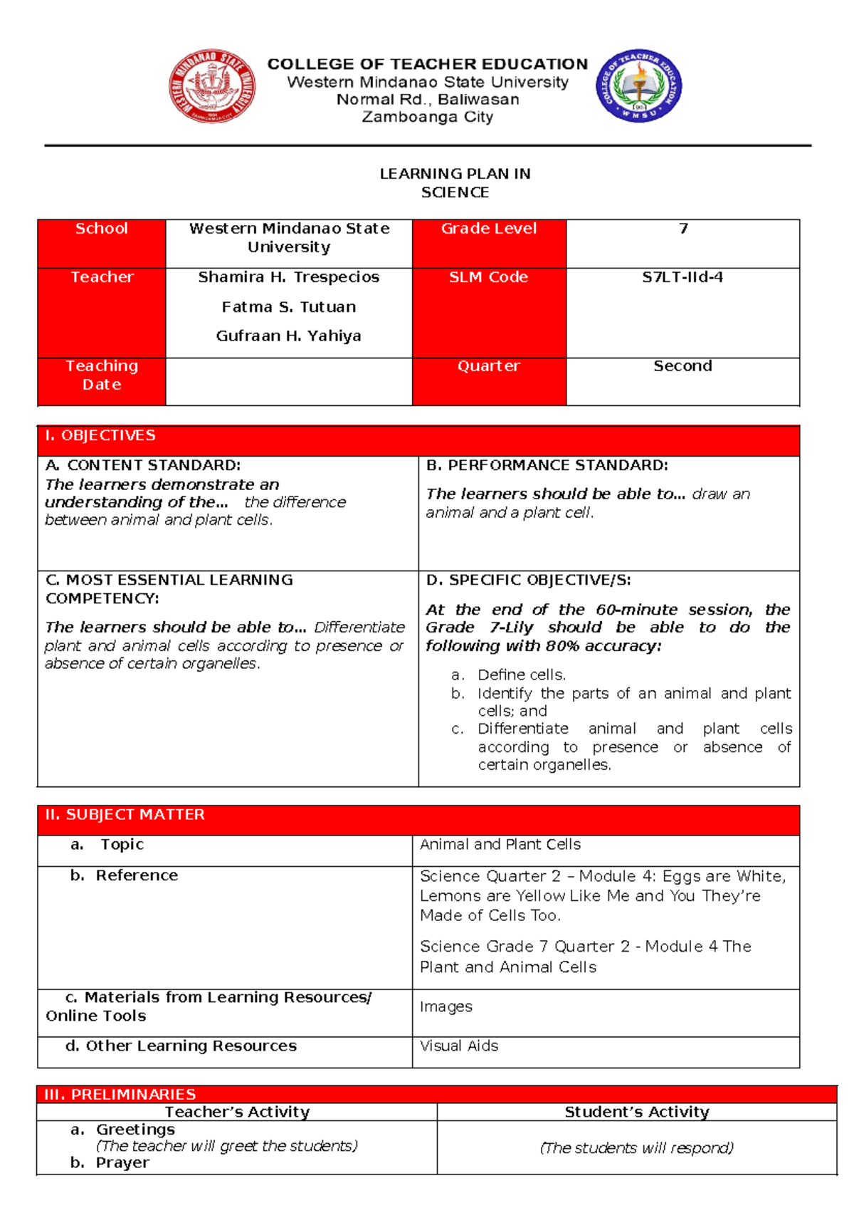 Lesson PLAN AS10 Final - LEARNING PLAN IN SCIENCE School Western ...