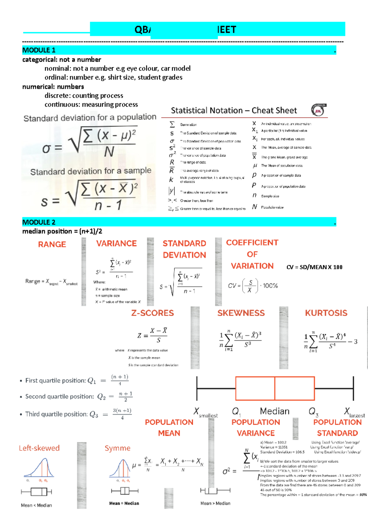 QBA Formula Sheet - . QBA FORMULA SHEET. - MODULE 1. categorical: not a number nominal: not a ...
