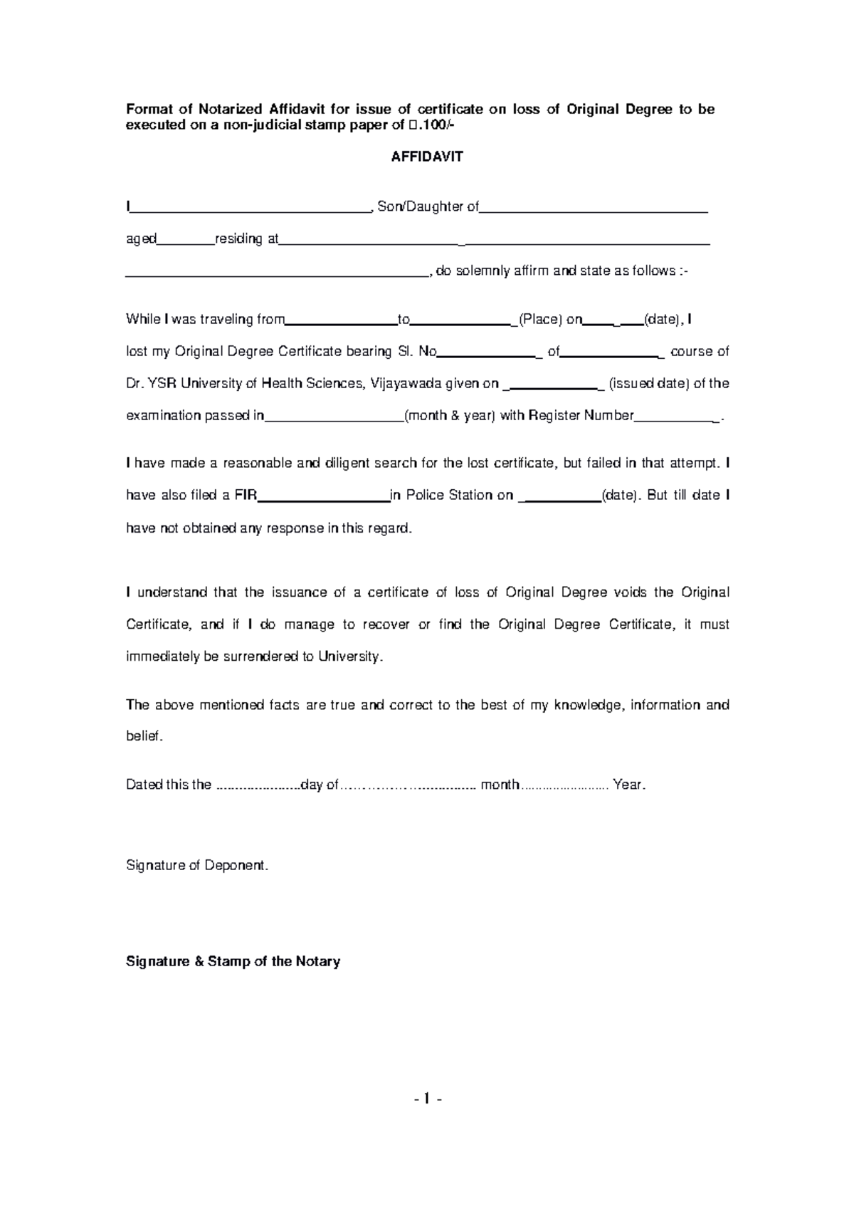 Affidavit for Certificate of loss of Original Degree - Format of ...