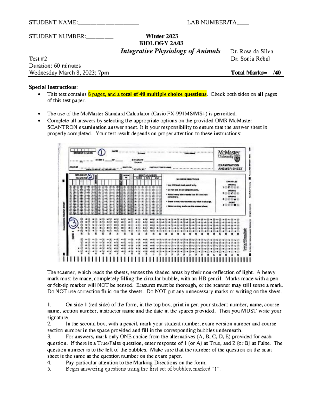 Test2BIO2A03-Winter 2023-withanswers - STUDENT NAME ...