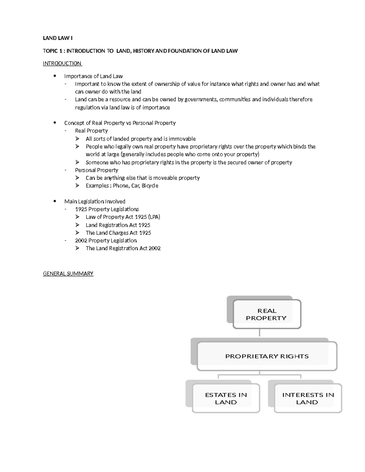LAND LAW I - Personal notes for Land Law I - LAND LAW I TOPIC 1 ...