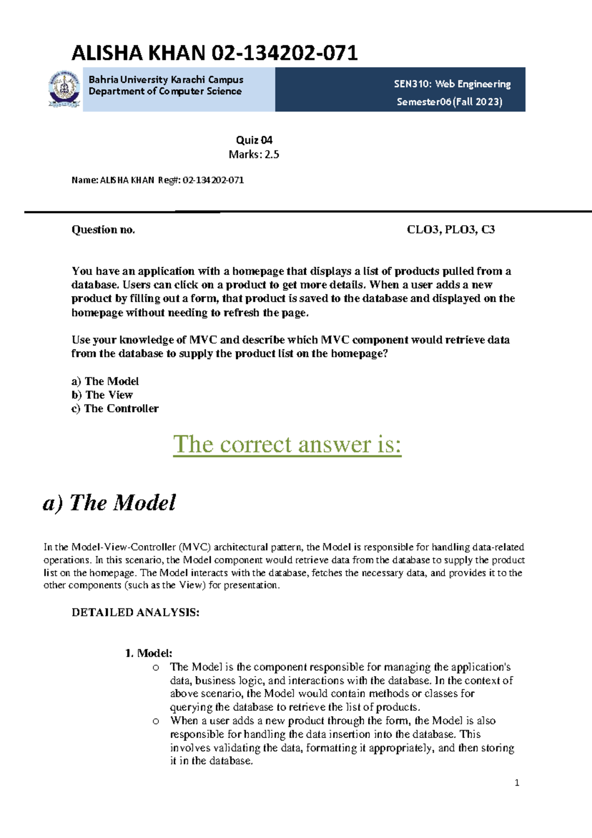 web quiz 4 . miss tooba zahid - Quiz 04 Marks: 2. Name: ALISHA KHAN Reg ...