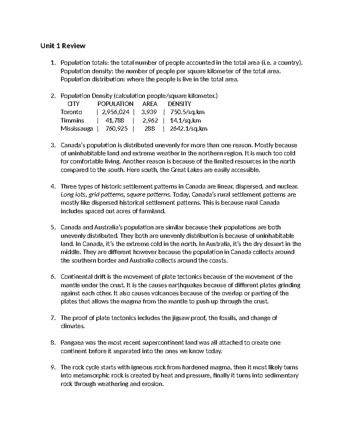 CGC1DB Unit 1 Review - Unit 1 Review Population totals: the total ...