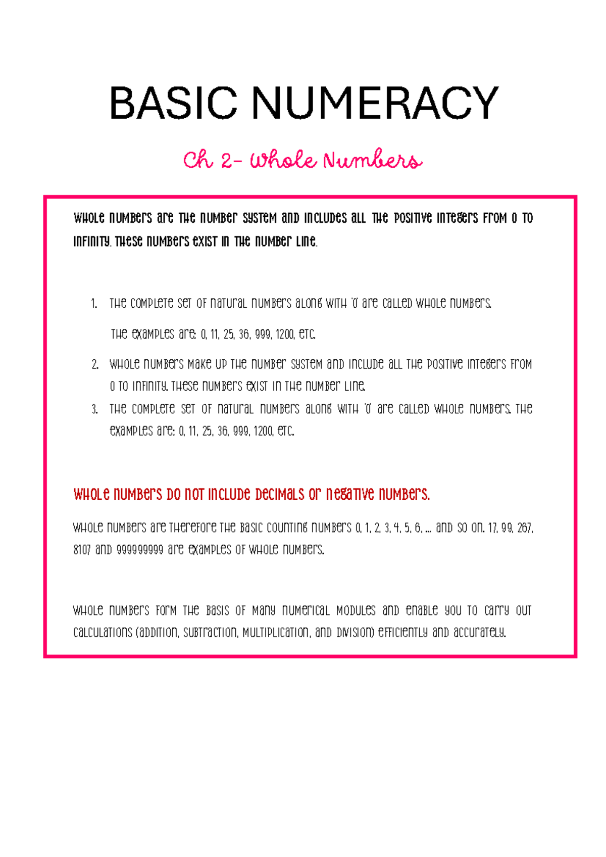 Tutorial Notes Maths - BASIC NUMERACY Ch 2 - Whole Numbers Whole ...