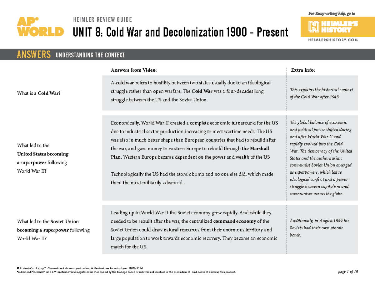 AP World HRG Unit 8 Noteguide Answers - UNIT 8: Cold War and ...