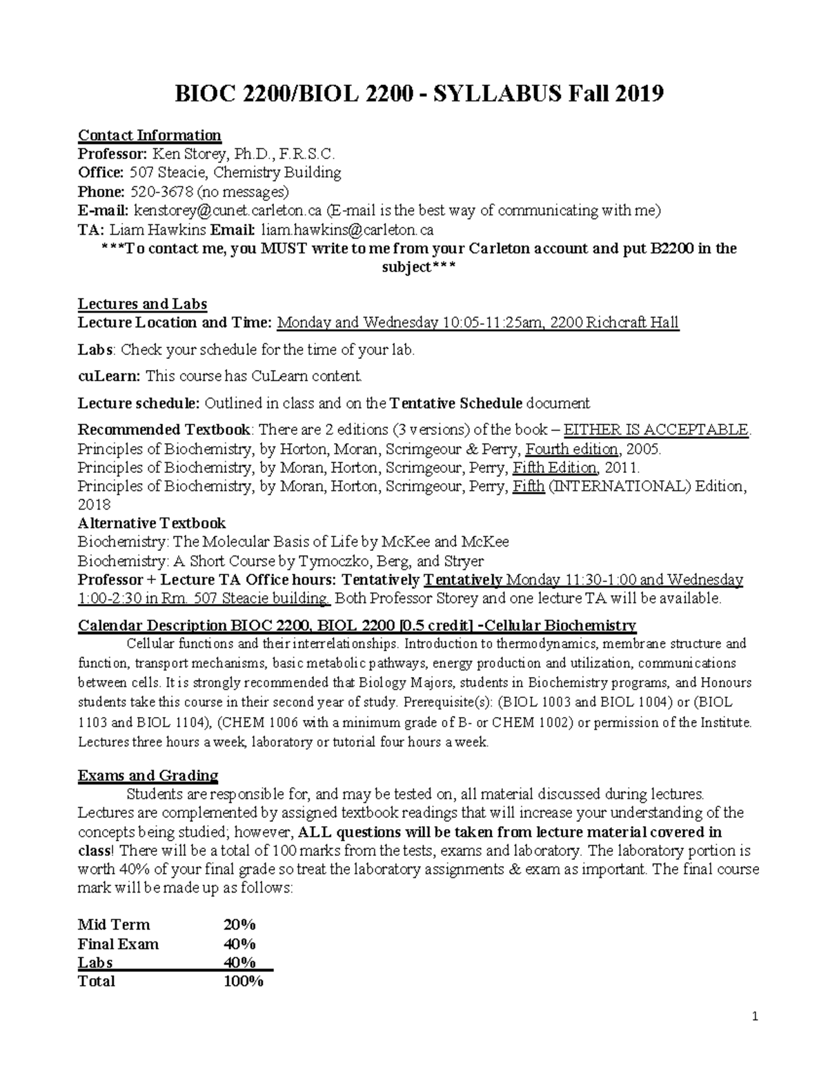 Syllabus-2019 - Course description - very helpful - Warning: TT: undefined function: 32 BIOC ...