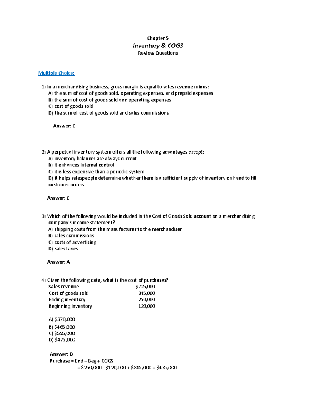 Chapter 5 - Inventory COGS - Review Questions - Answer - Chapter 5 ...