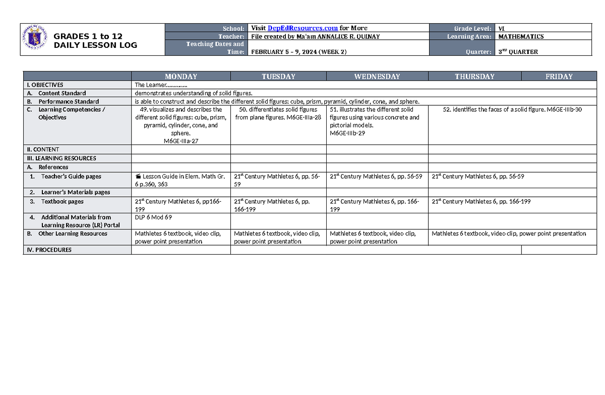DLL Mathematics 6 Q3 W2 - dll - GRADES 1 to 12 DAILY LESSON LOG School: Visit DepEdResources for ...