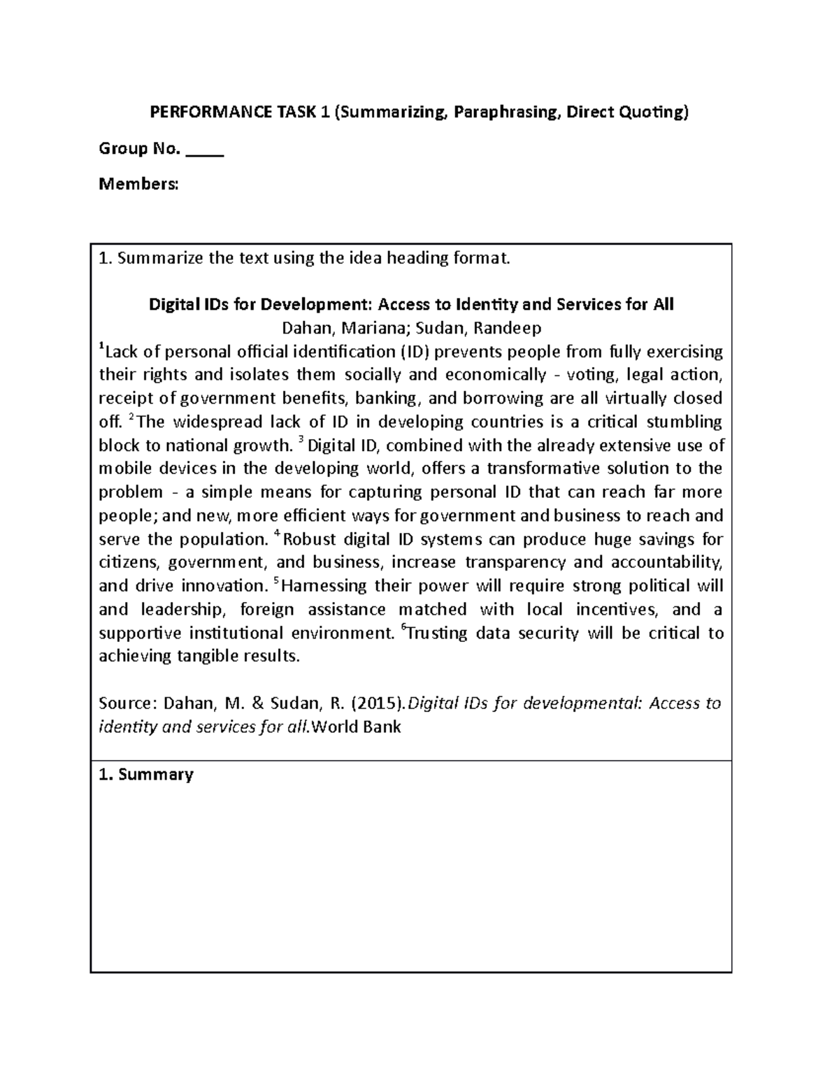 Performance TASK 1 Summarizing Paraphrasing Direct Quoting ...