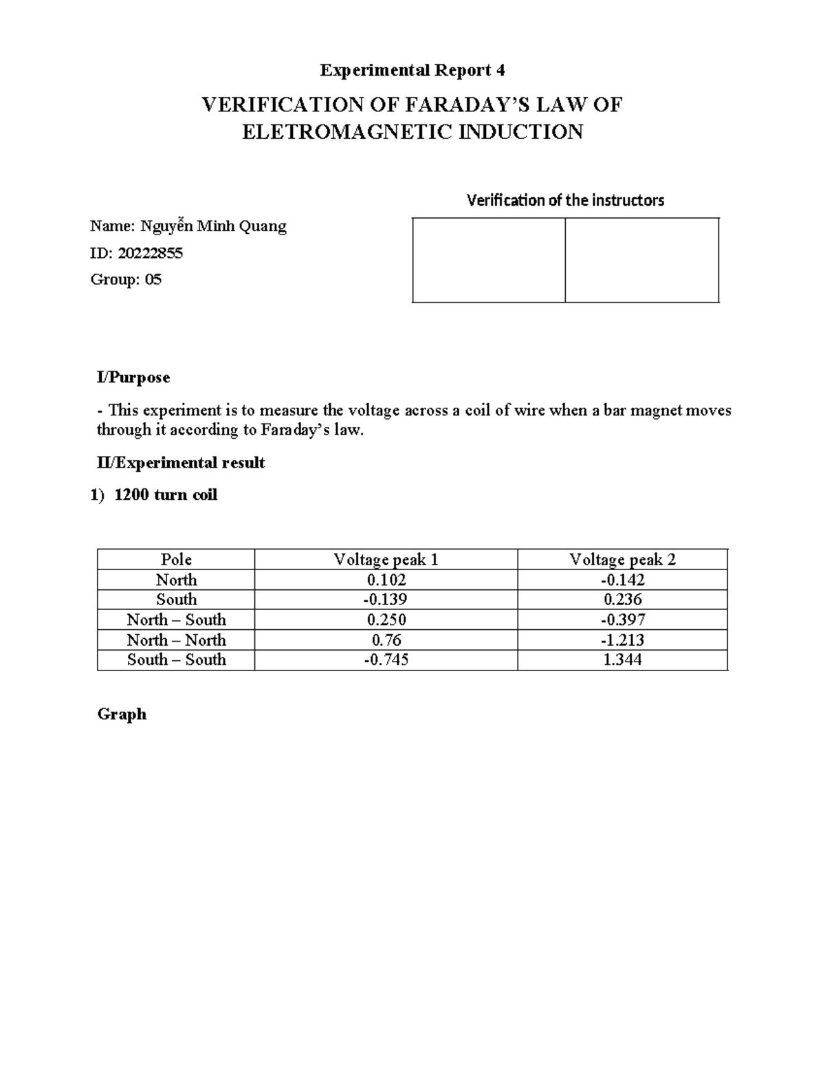 Laboratory report 4 ph1026 - Experimental Report 4 VERIFICATION OF FARADAY’S LAW OF ...