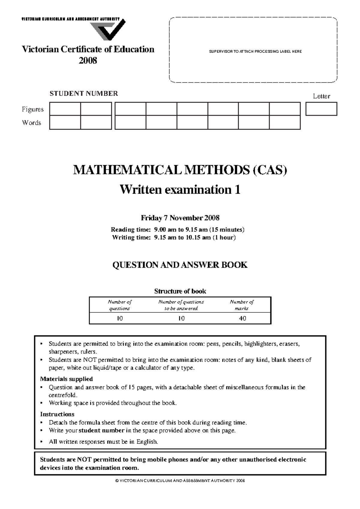 2008 vcaa exam 1 - Pass Paper - MATHEMATICAL METHODS (CAS) Written ...