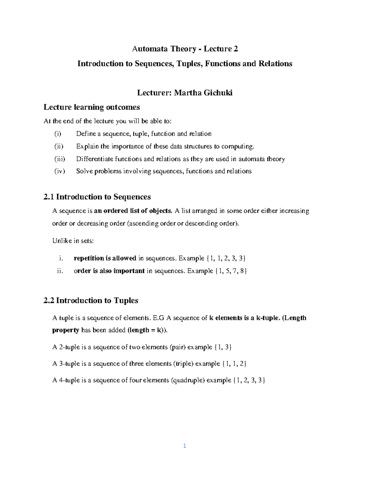 Automata Theory Lecture 2 - Automata Theory - Lecture 2 Introduction to Sequences, Tuples ...