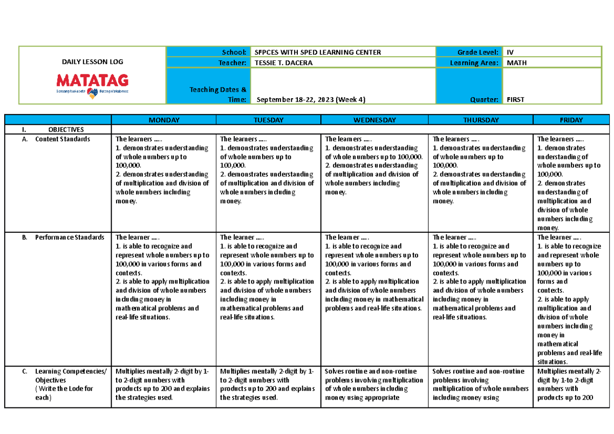 DLL MATH-4-WEEK-4 - DLL for Mathematics - DAILY LESSON LOG School ...