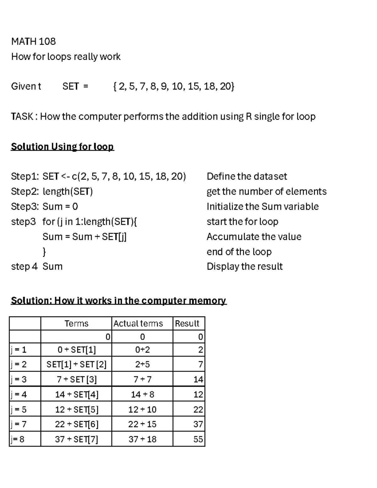 Math Loops - MATH 108 How for loops really work Given the SET = { 2, 5 ...