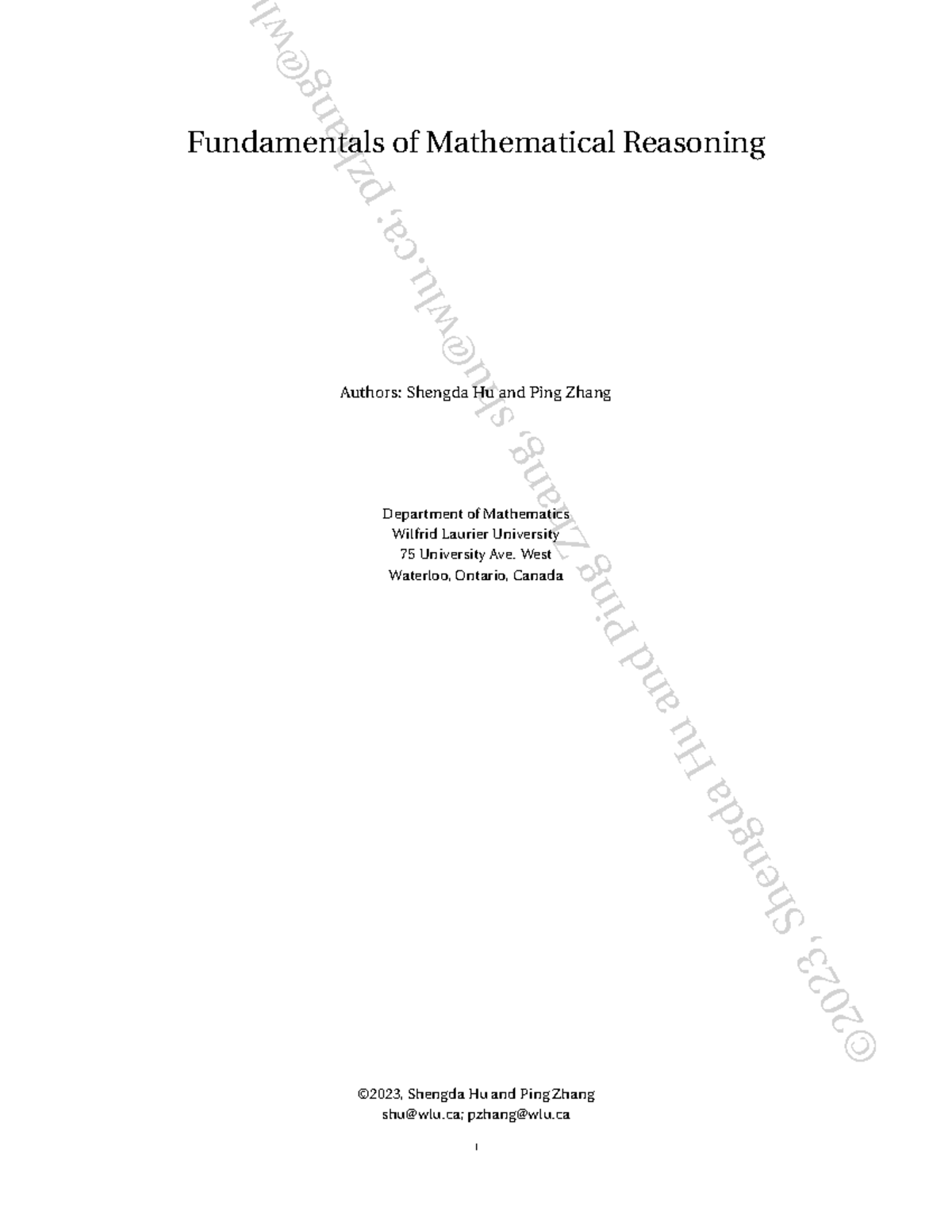 Week 1 Lecture Notes - ©2023, Shengda Hu and Ping Zhang, shu@wlu ...