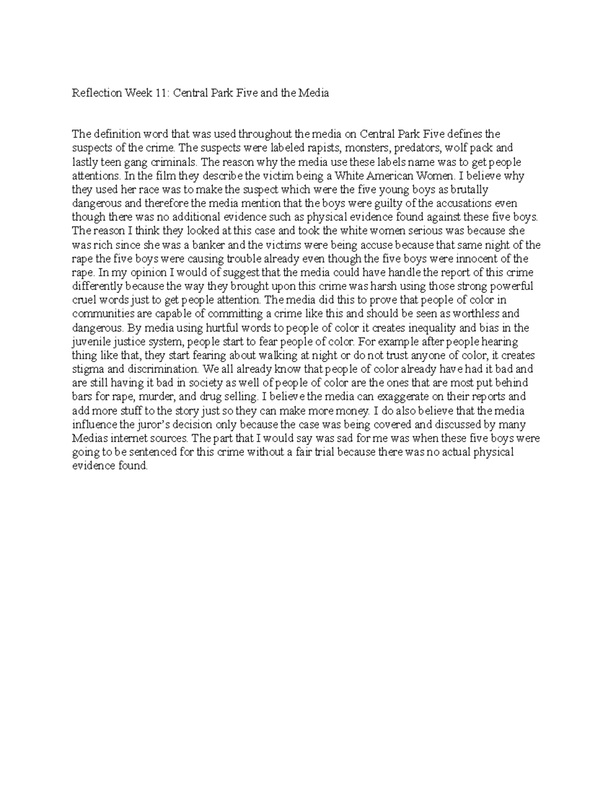 Week 11 reflection - Reflection Week 11: Central Park Five and the ...