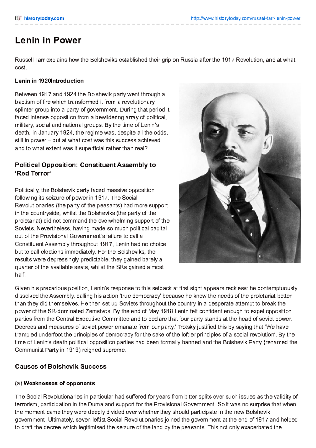 Historytoday - These notes are used to help people understand Lenin and ...