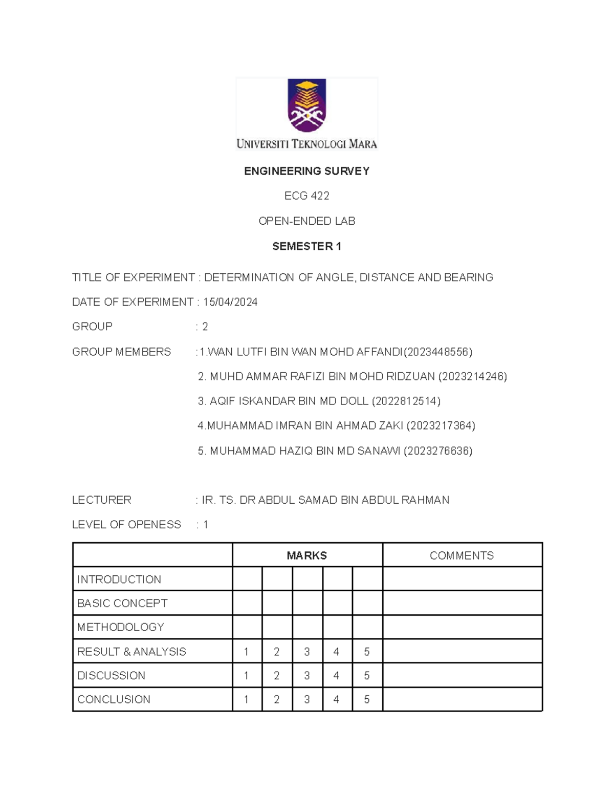 Angle Bearing - LAB REPORT - ENGINEERING SURVEY ECG 422 OPEN-ENDED LAB ...