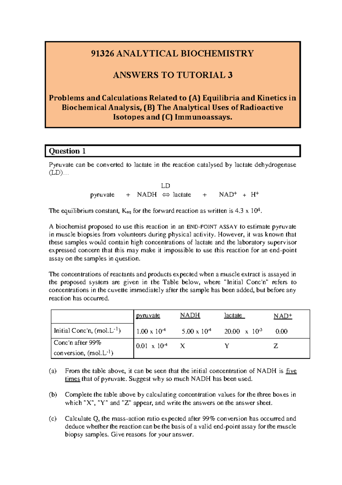 AB Tutorial 3 Answers 2019 - 91326 ANALYTICAL BIOCHEMISTRY ANSWERS TO ...