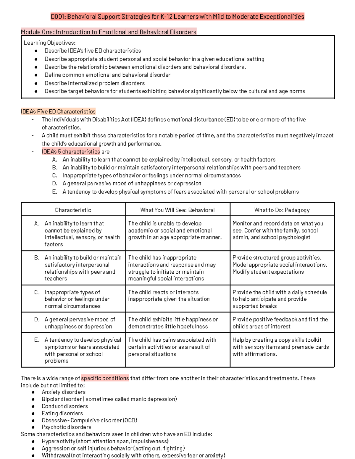 D001 Notes - D001: Behavioral Support Strategies for K-12 Learners with ...