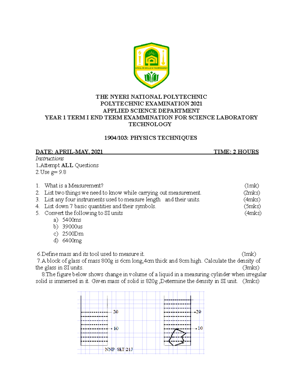 Main Exam Questions - THE NYERI NATIONAL POLYTECHNIC POLYTECHNIC ...