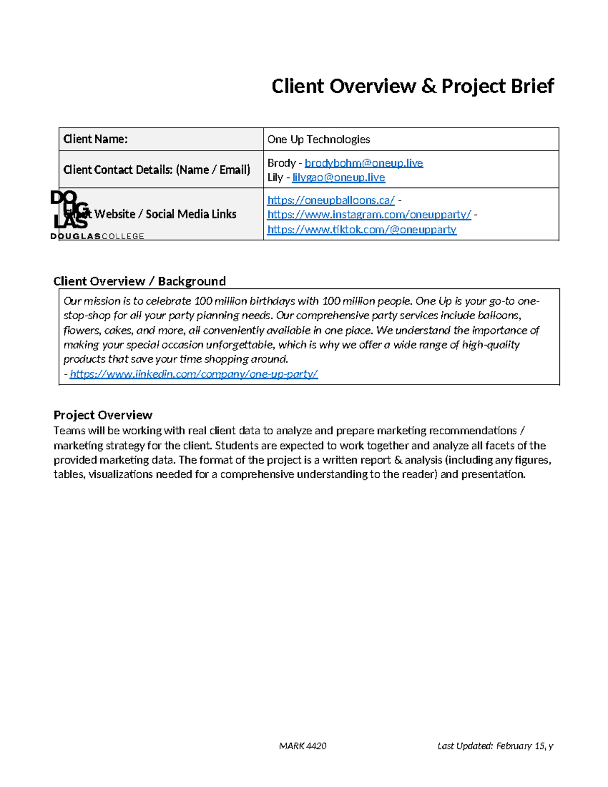 MARK4420 Client Brief One Up For Students - Client Overview & Project ...