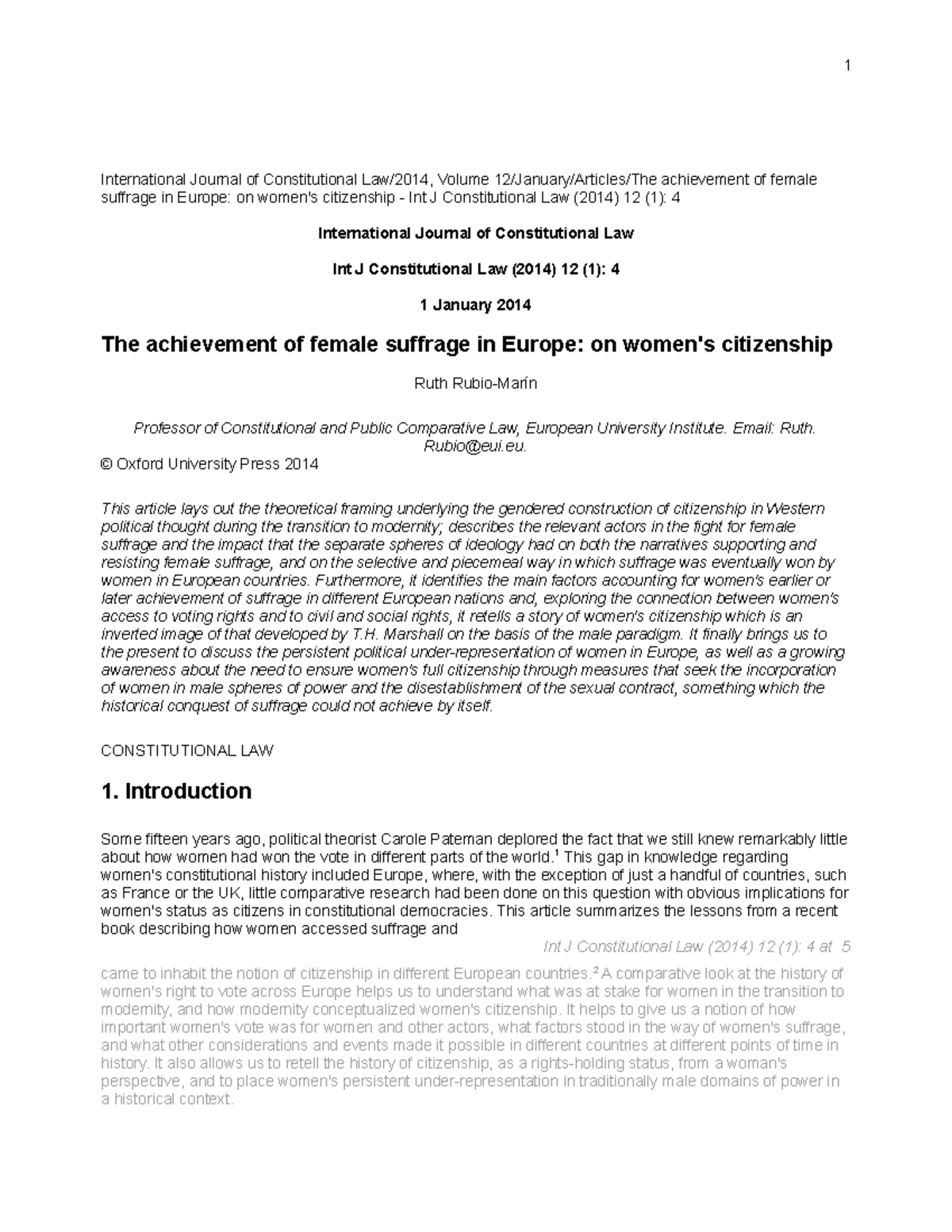 The achievement of female suffrage in Europe on Women's citizenship ...