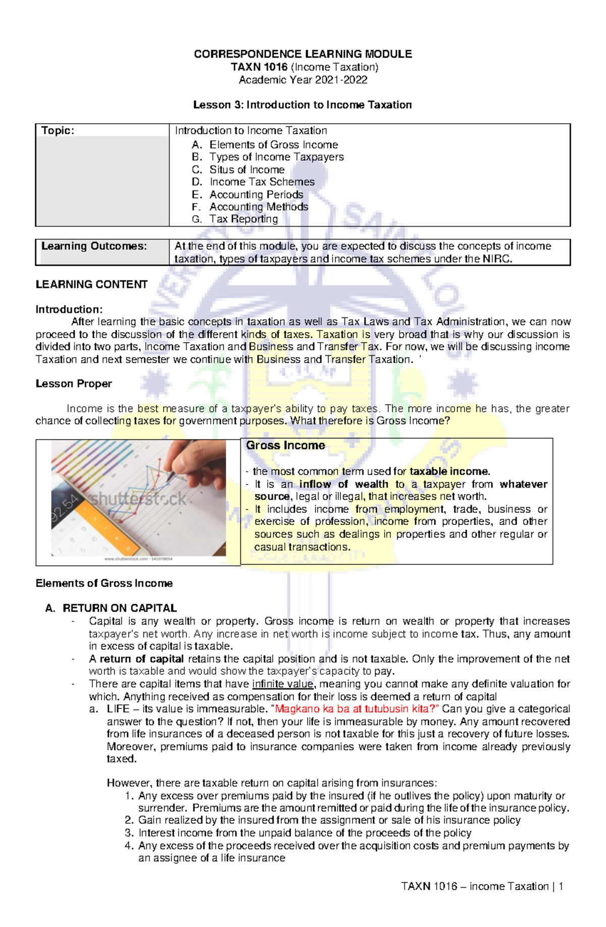 Introduction to Income Taxation Lesson 3 - CORRESPONDENCE LEARNING ...