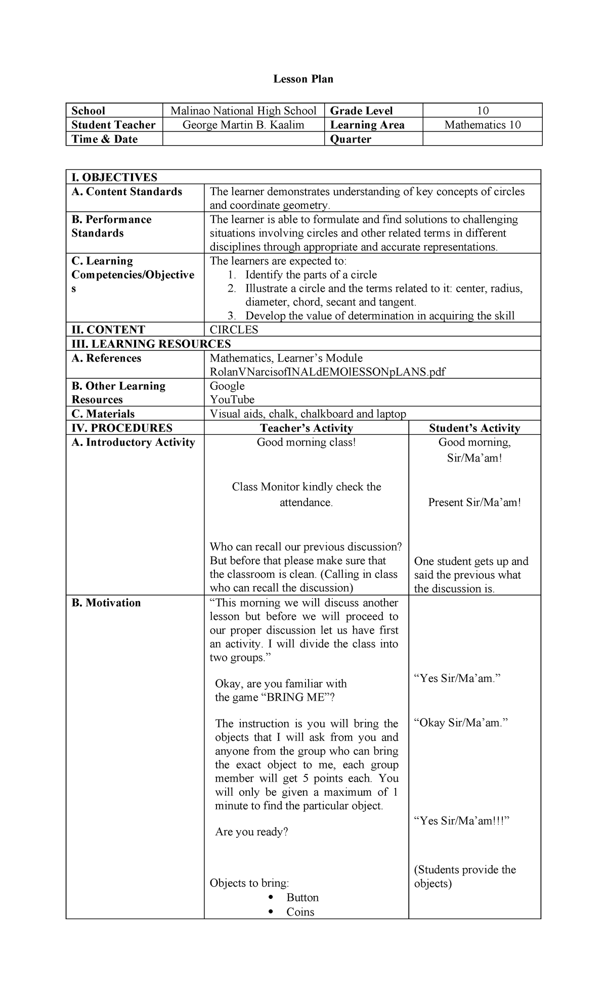 LP Grade 10 - Circles - aaaaaaaaaaaaaa - Lesson Plan School Malinao ...