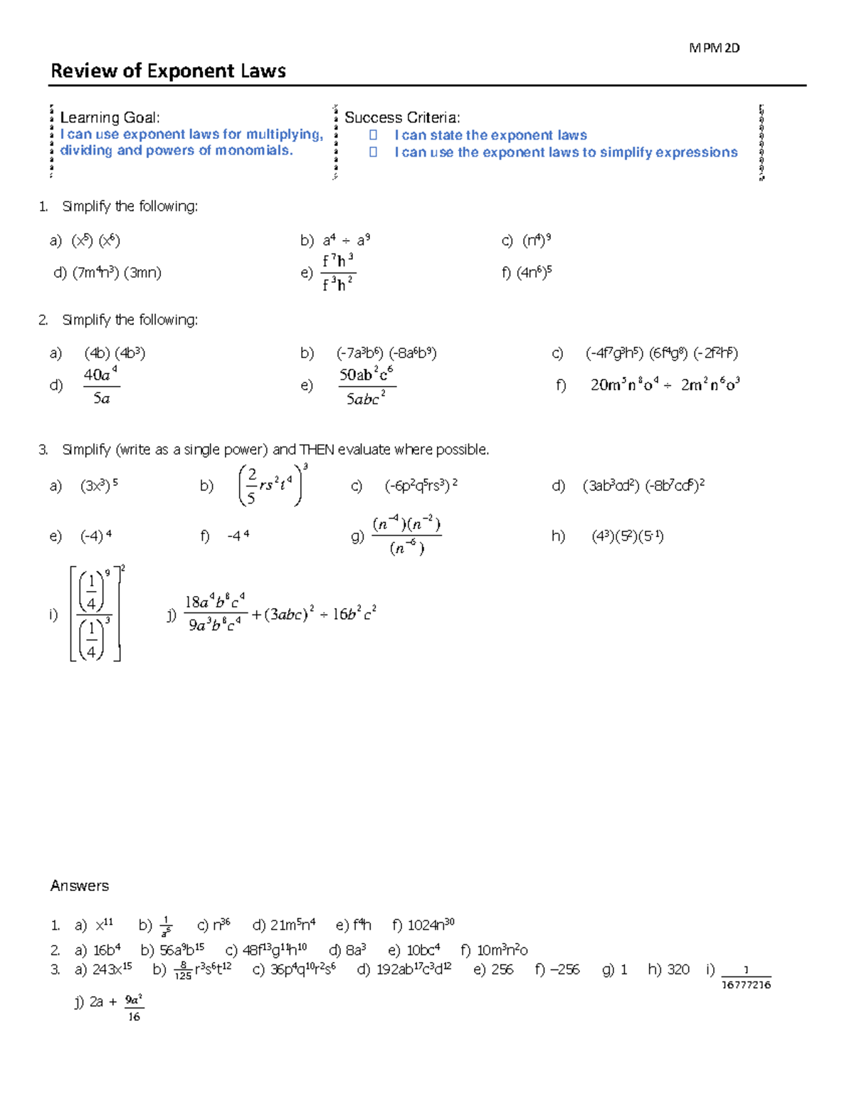 Review of exponent laws - MPM2D Review of Exponent Laws Learning Goal ...