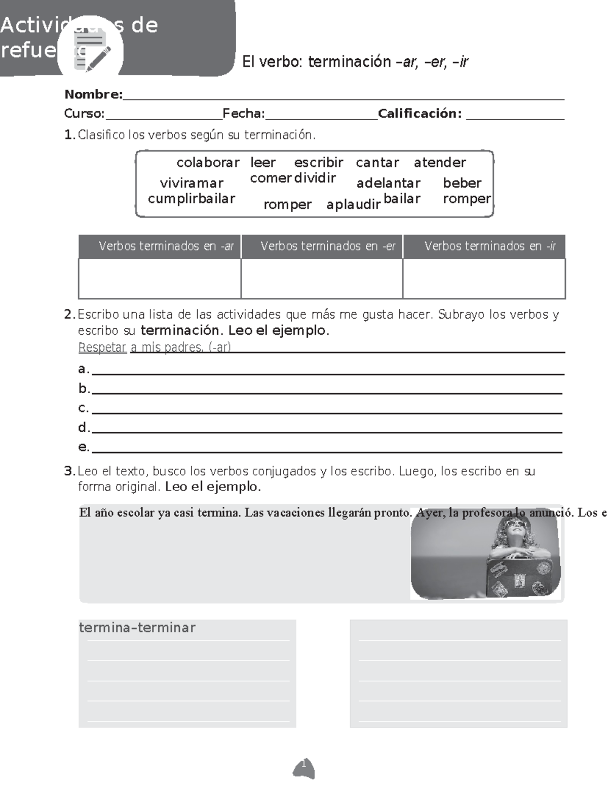 El verbo - Actividades de refuerzo colaborar leer comer escribir ...