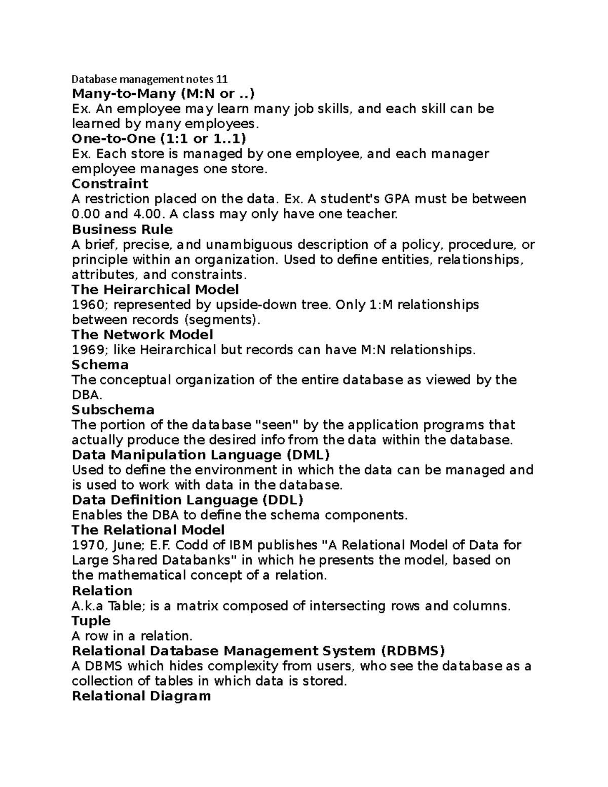 Database management notes 11 - .) Ex. An employee may learn many job ...