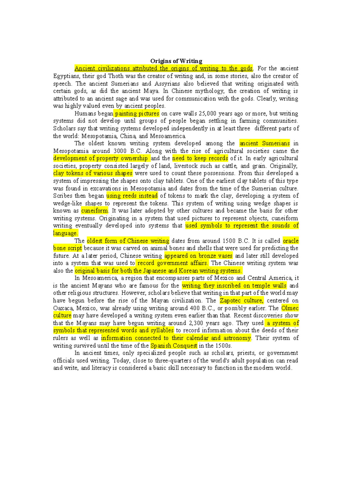 Outlining Activities - Origins of Writing Ancient civilizations ...