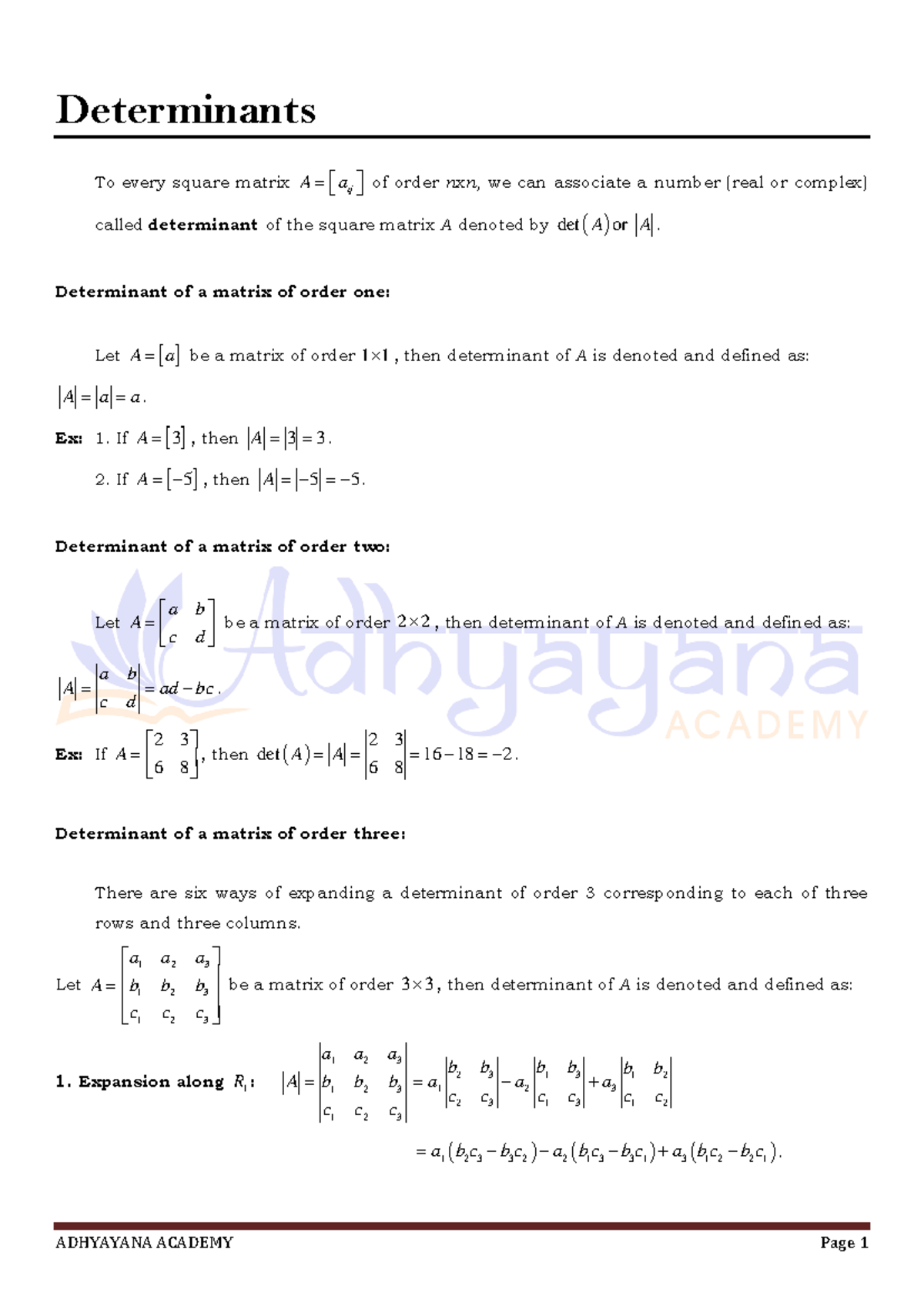 Determinants maths - ADHYAYANA ACADEMY Page 1 Determinants To every ...