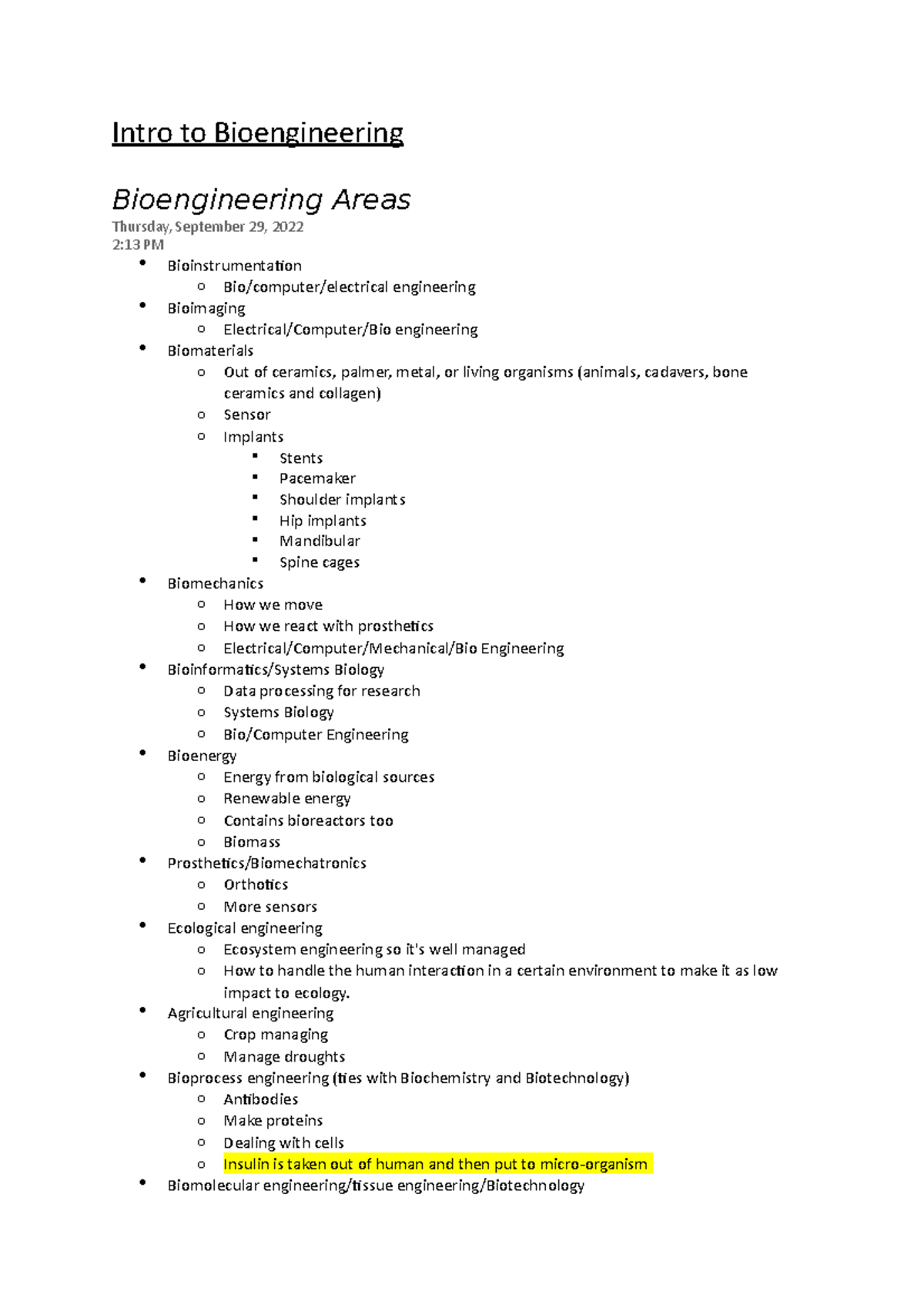 Bioengineering notes - Intro to Bioengineering Bioengineering Areas ...