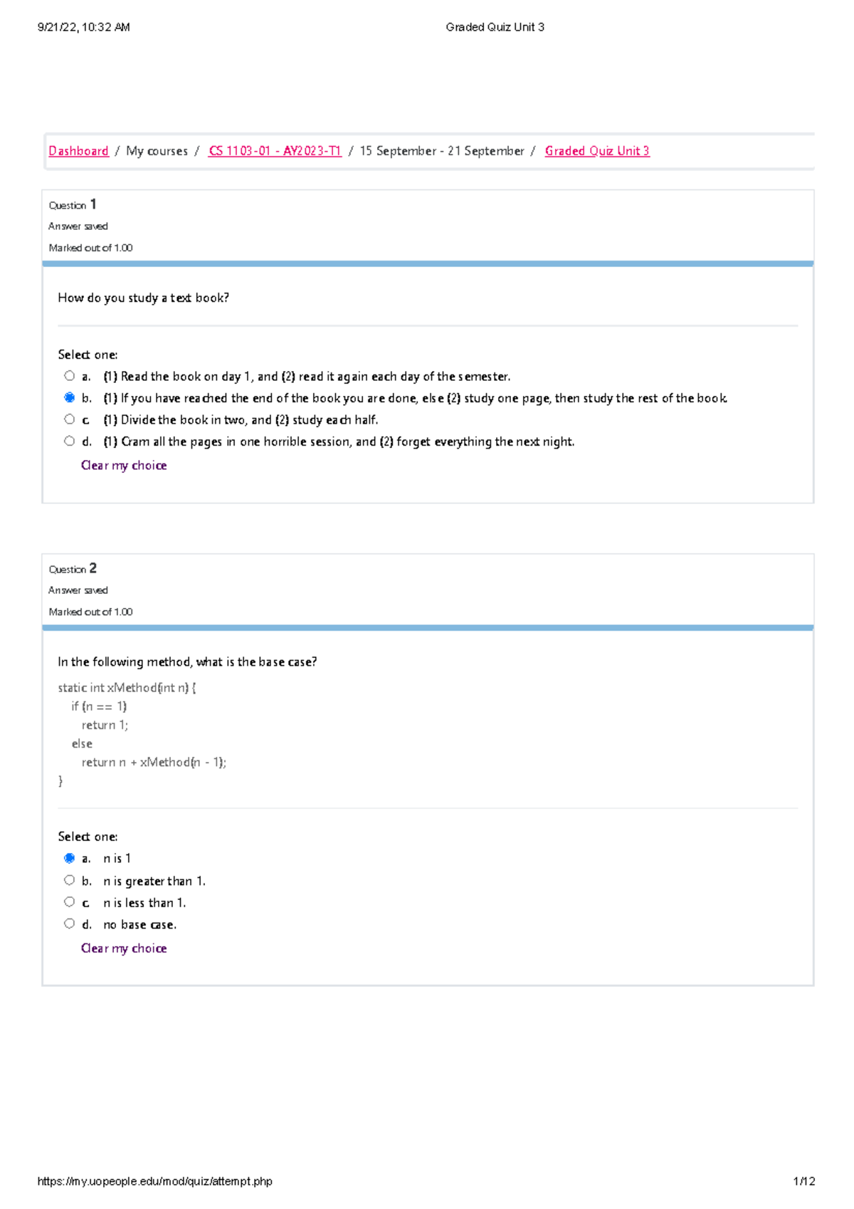 Graded Quiz Unit 3 Java2 Ent Question 1 Answer Saved Marked Out Of 1