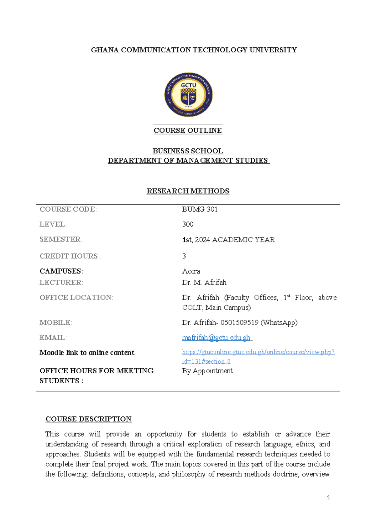 Course Outline- Research Methods - GHANA COMMUNICATION TECHNOLOGY ...