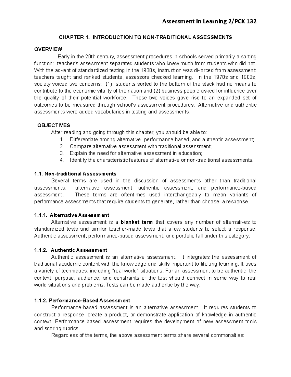 Pck 132 Chapter 1 Introduction to Non Traditional Assessment - CHAPTER ...