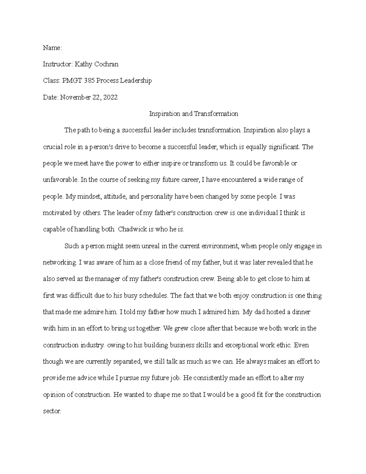 Inspiration and Transformation - Name: Instructor: Kathy Cochran Class ...