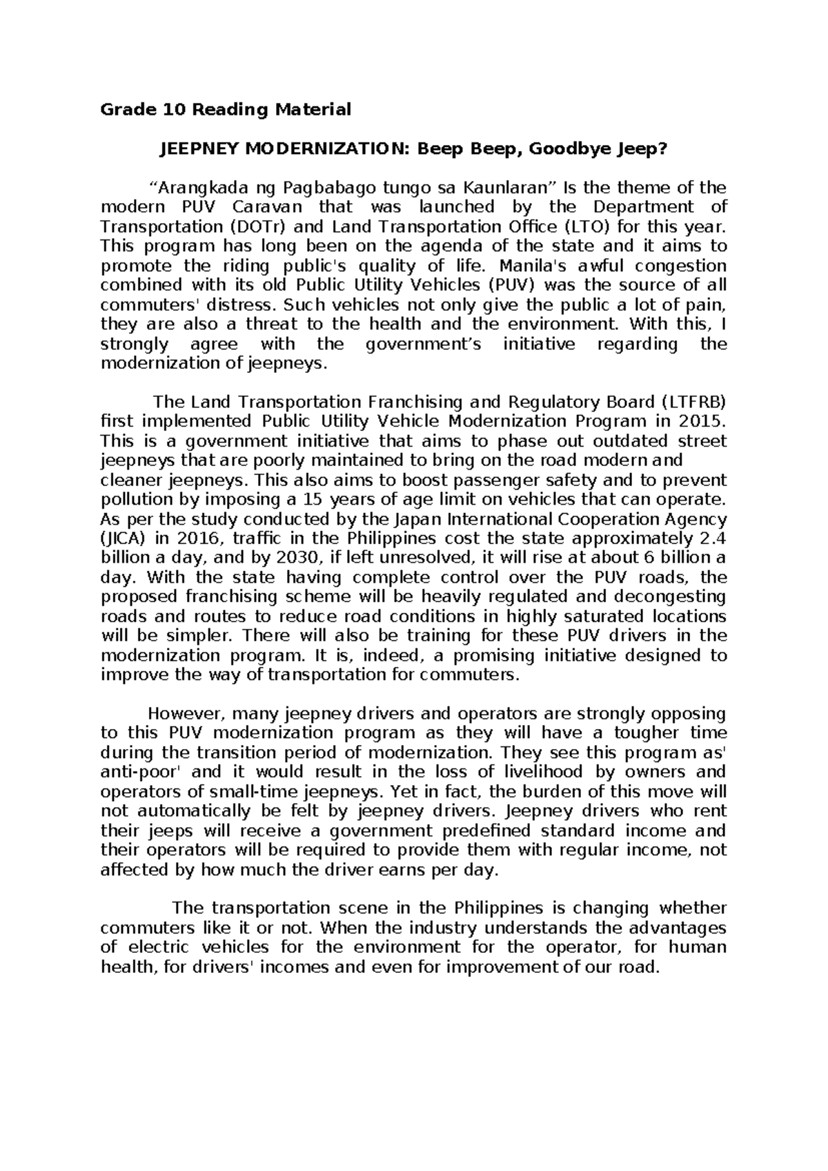Jeepney- Modernization - Grade 10 Reading Material JEEPNEY ...