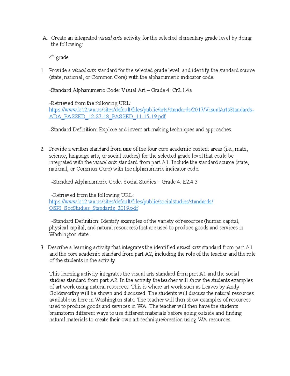 Arts Methods Task - A. Create an integrated visual arts activity for ...