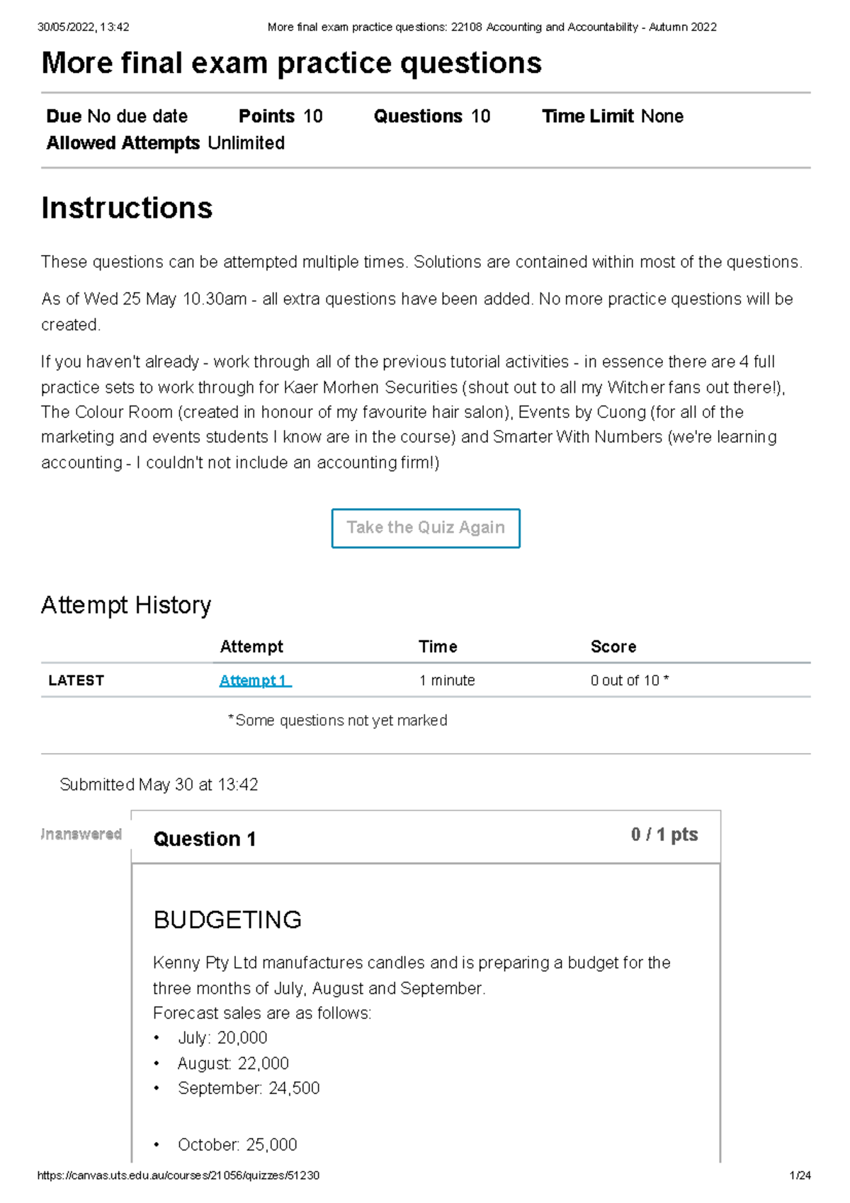More final exam practice questions 22108 Accounting and Accountability - Autumn 2022 - Some ...