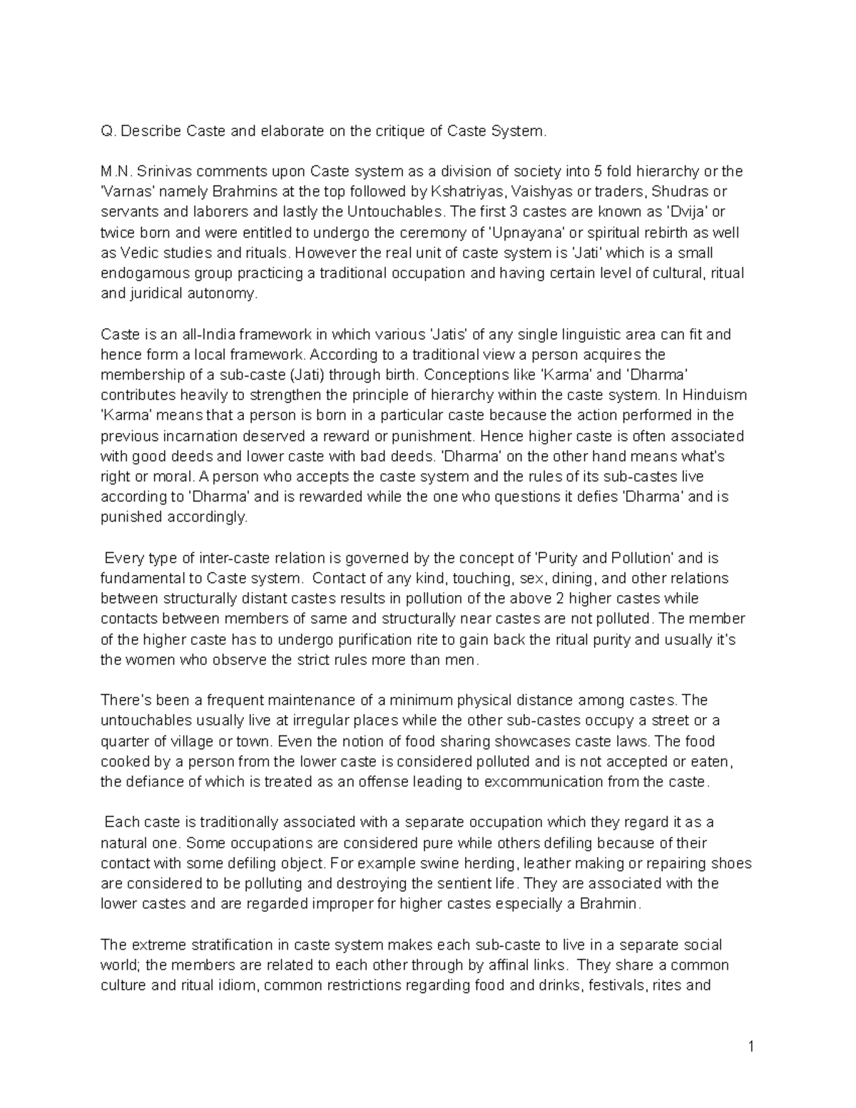 Describe Caste and elaborate on the critique of Caste System - Q ...