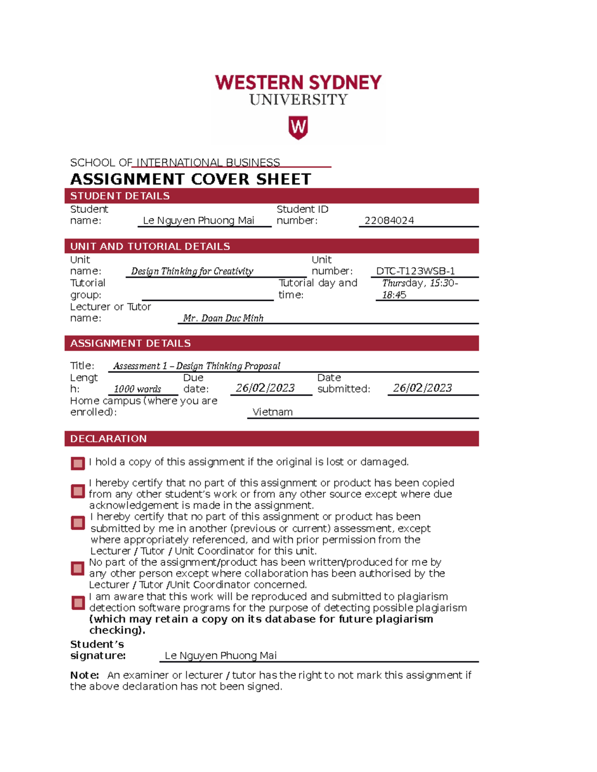 A1 Design Thinking Proposal - SCHOOL OF INTERNATIONAL BUSINESS ...