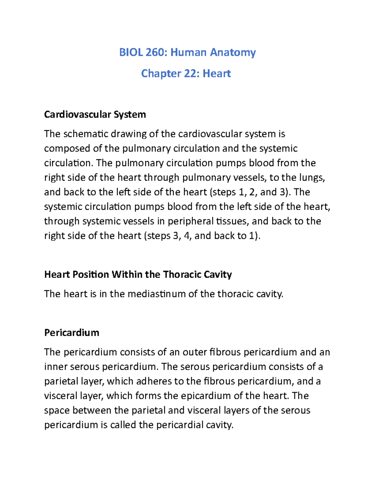 Anatomy Ch 22 (Notes) - BIOL 260: Human Anatomy Chapter 22: Heart ...