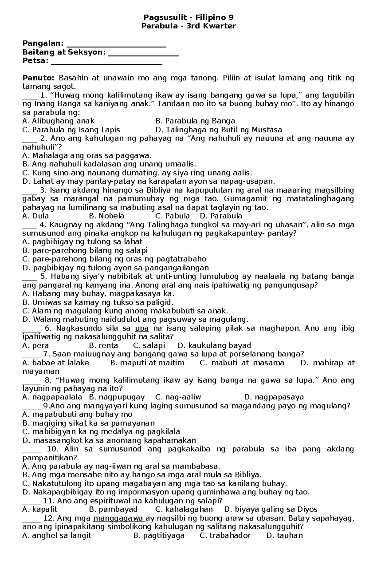Pagsusulit - Kahulugan - Pagsusulit - Filipino 9 Parabula - 3rd Kwarter ...