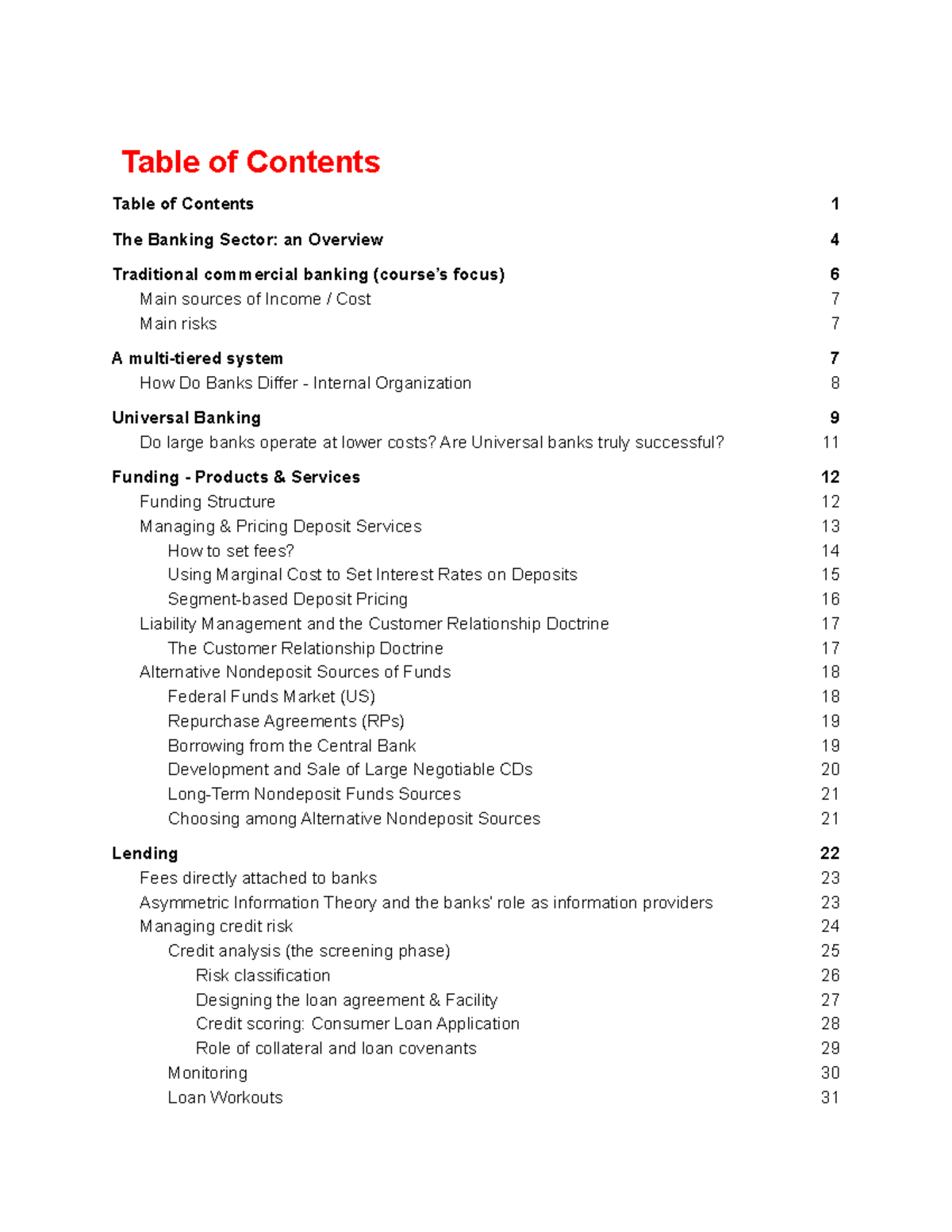 Management of Financial Institutions - Table of Contents Table of ...