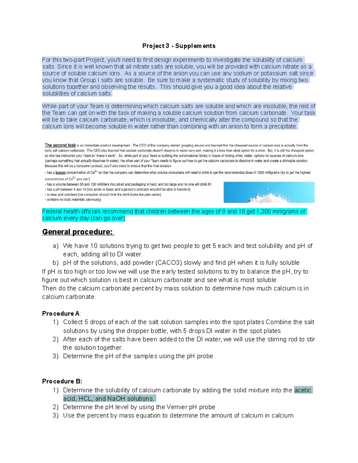 Project 3 Chem Lab - Dr. Padjet - Project 3 - Supplements For this two ...