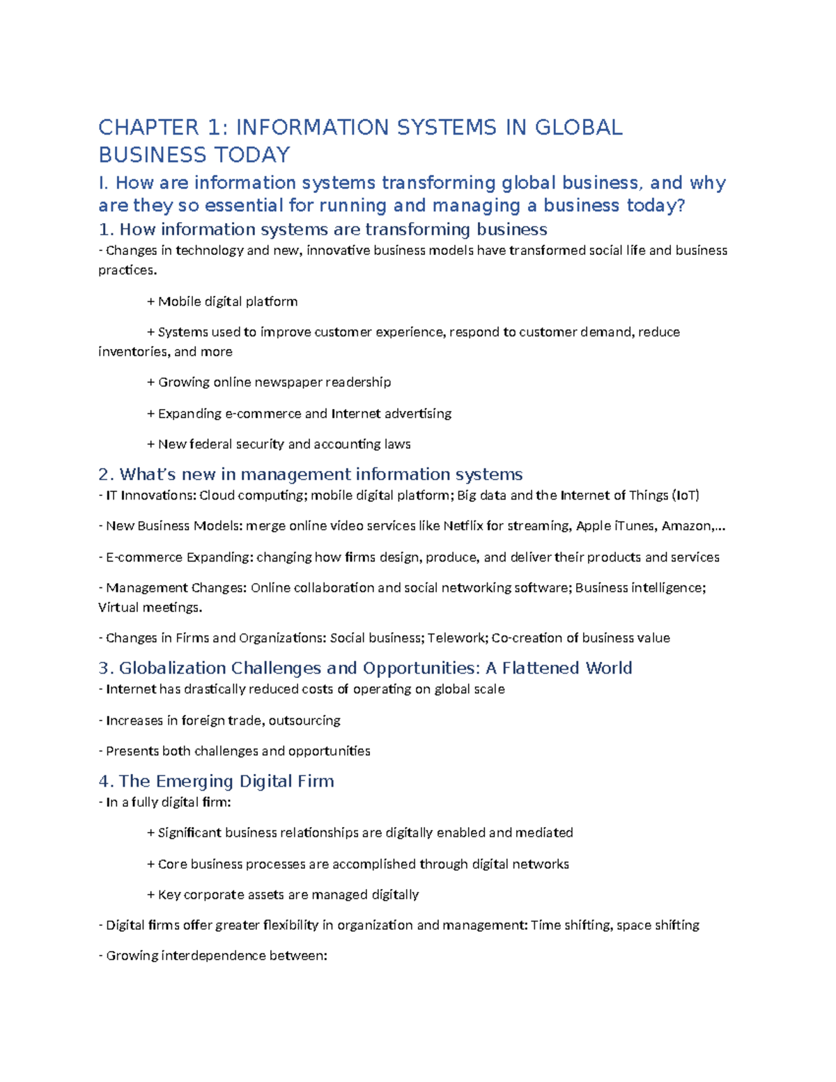 MIS NOTE - CHAPTER 1: INFORMATION SYSTEMS IN GLOBAL BUSINESS TODAY I. How are information ...